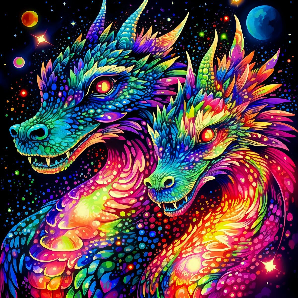 Флуоресцентный гобелен "Dragons Love" - Тканевый постер фон, настенное полотно, панно для дома, интерьерный арт декор, светится в UV LED неон