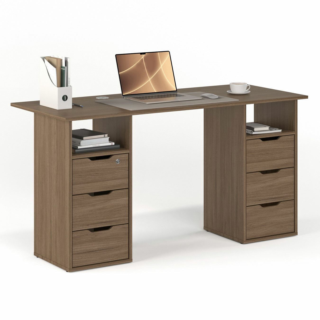 Двухтумбовый письменный стол с шестью ящиками 146х60 см МагМебель №73 ясень шимо тёмный