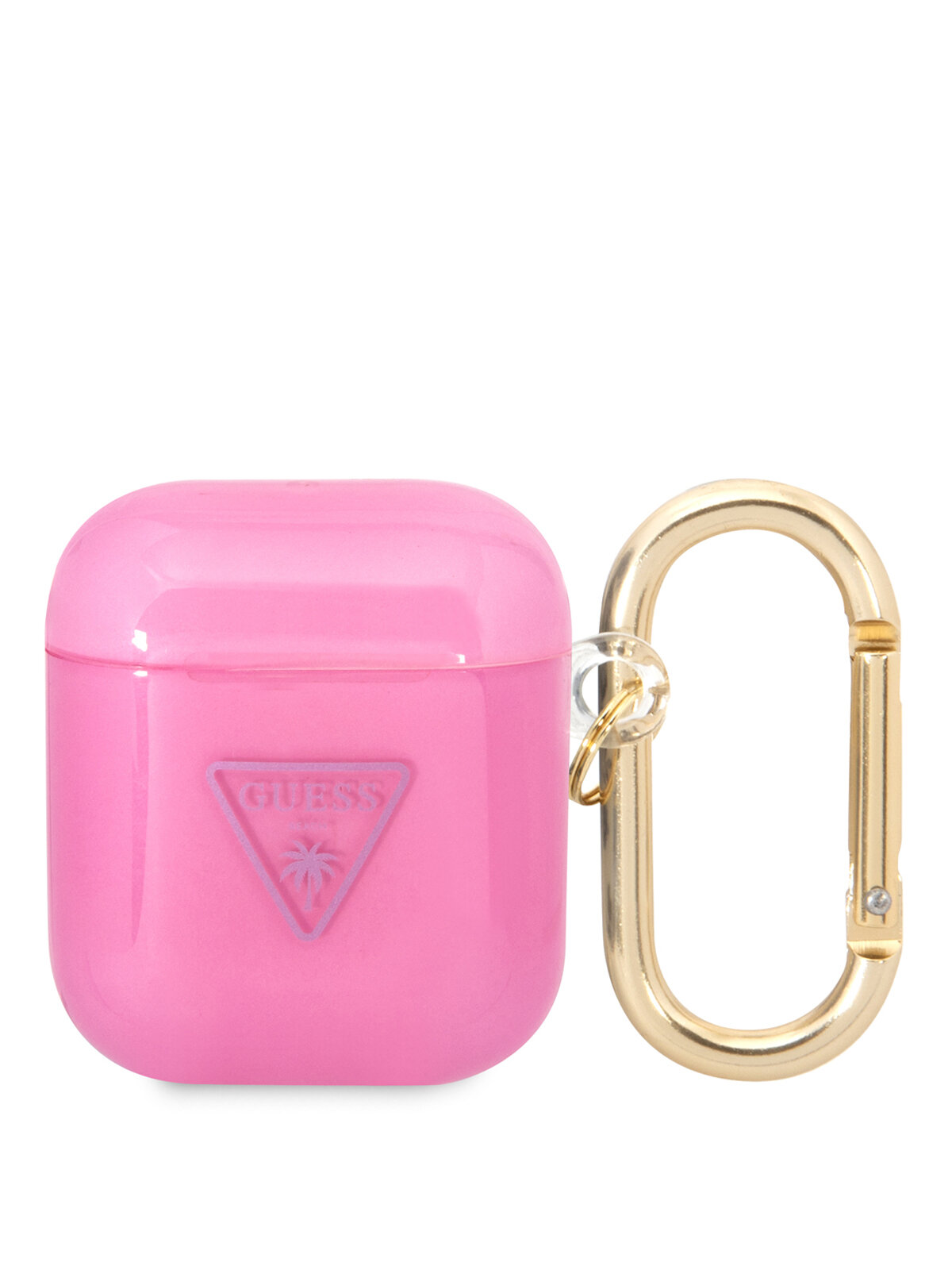 Guess для Airpods 1/2 чехол TPU with carabin Translucent Palm Tree Pink