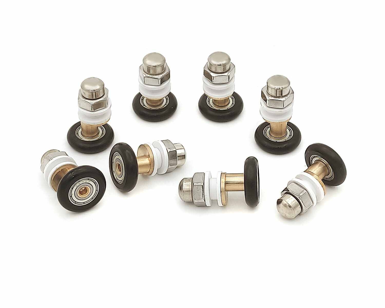 Ролики дверные латунные эксцентриковые одинарные для душевой кабины, 8 шт, диаметр колесика 23 мм, под отверстие в стекле диаметром 10 мм.