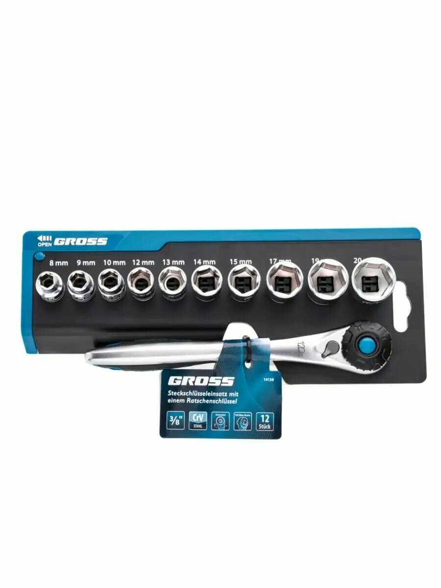 Набор торцевых головок Gross 14139, 12 предм, черный/синий