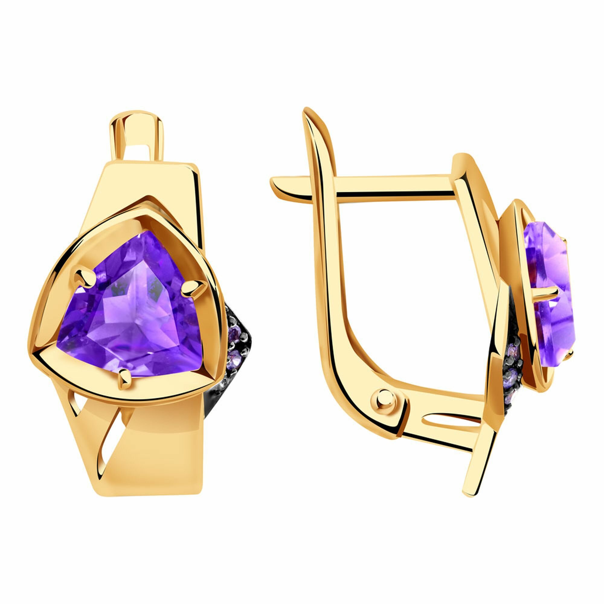 Серьги, красное золото, 585 проба, аметист, фианит