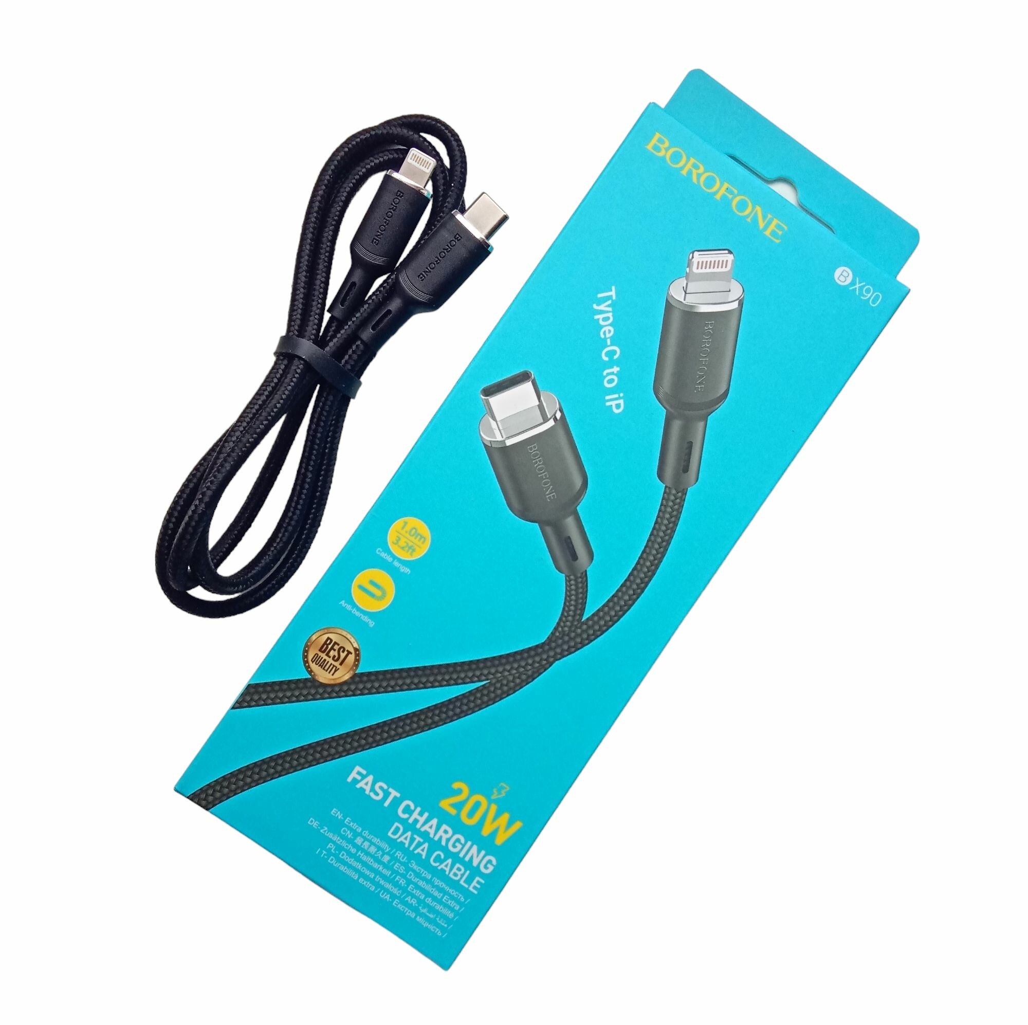 Кабель USB Type-C /Lightning Apple, 20W, 3A, для мобильных устройств в оплетке, черный, 1 метр.