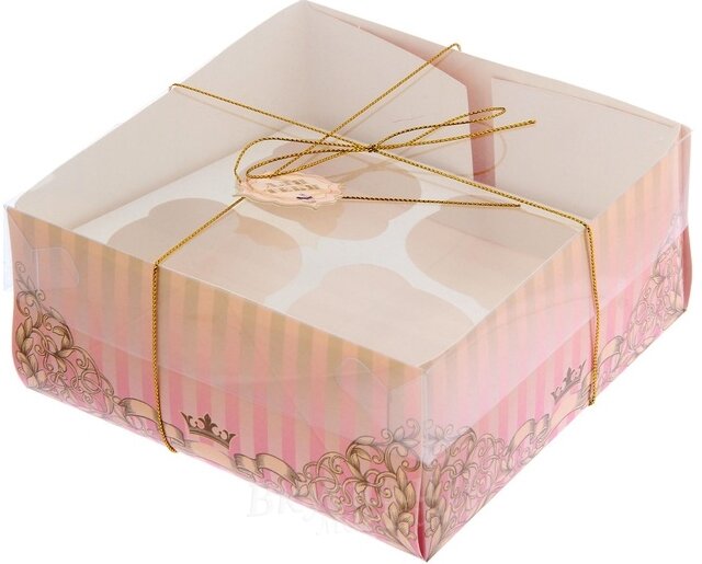 Упаковка для капкейков 4 ячейки с окошком розовая Для тебя (Набор из 5 шт.)