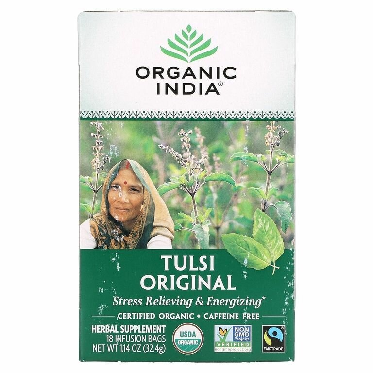Organic India, Tulsi Tea, индийский чай тулси, от стресса, без кофеина, 18 пакетиков