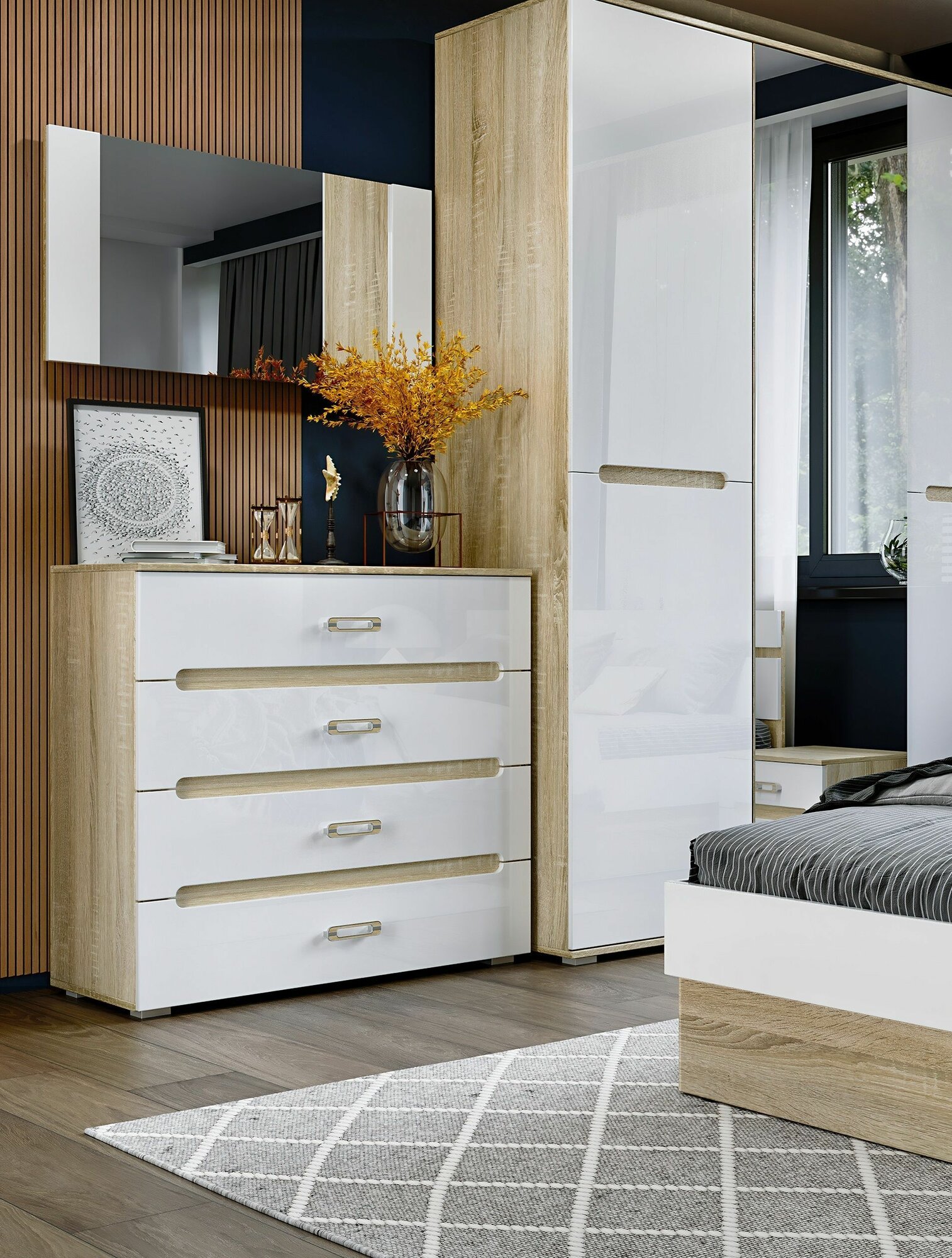 Комод Ким 4 ящика Белый глянец холодный/Сонома