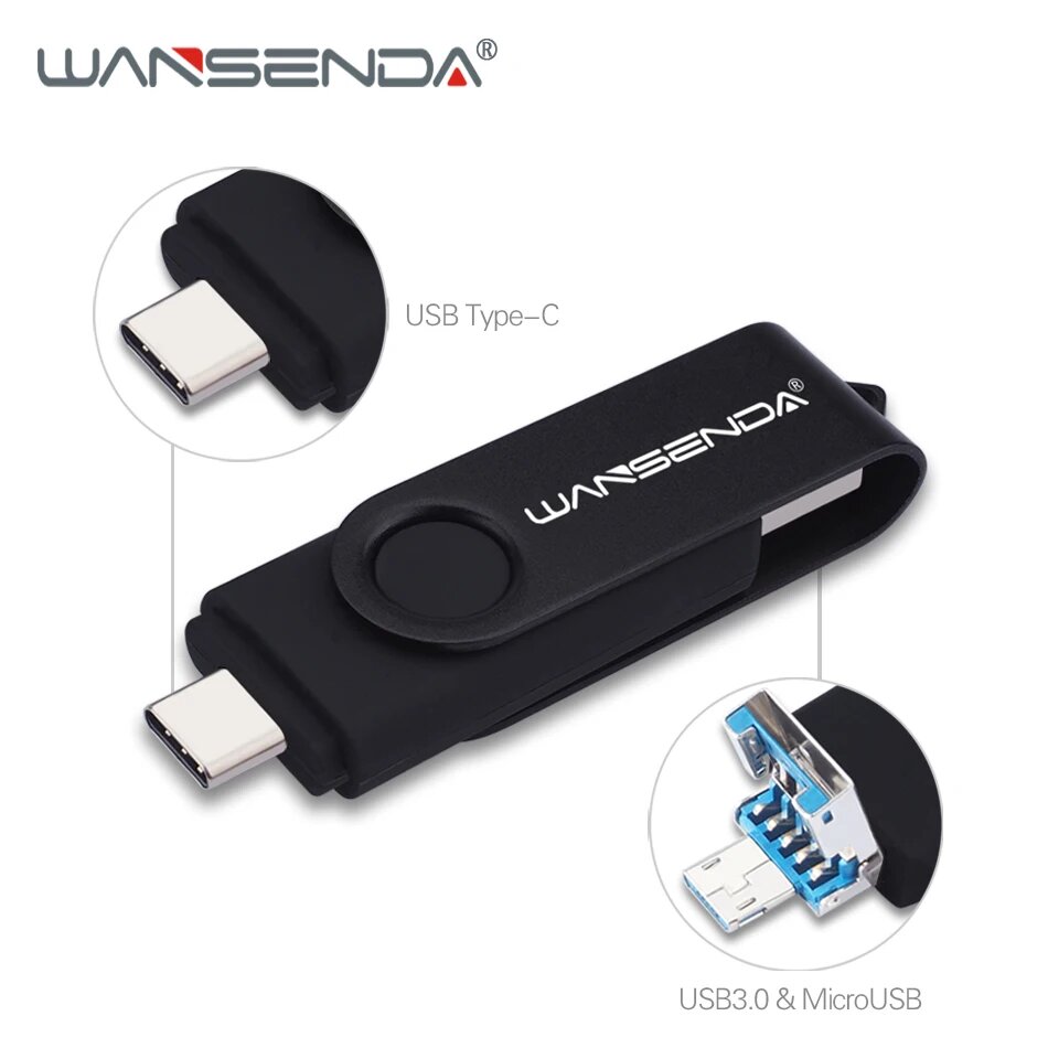WANSENDA USB флешка 3 в 1 512/256/64/32 ГБ 64 ГБ, черный