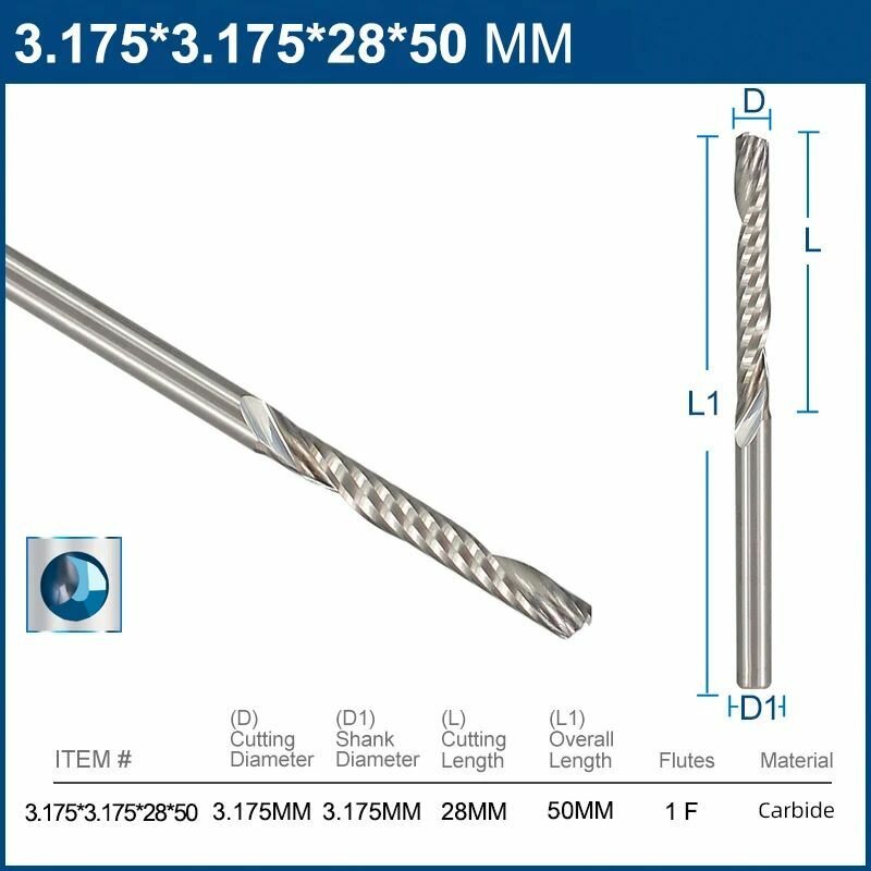 Фреза концевая XCAN однозаходная, 3,175х3,175х28х50мм спиральная однозаходная по дереву и пластику