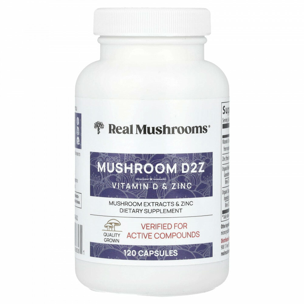 Real Mushrooms, Mushroom D2Z, D2 / бета-глюкан / цинк, 120 капсул
