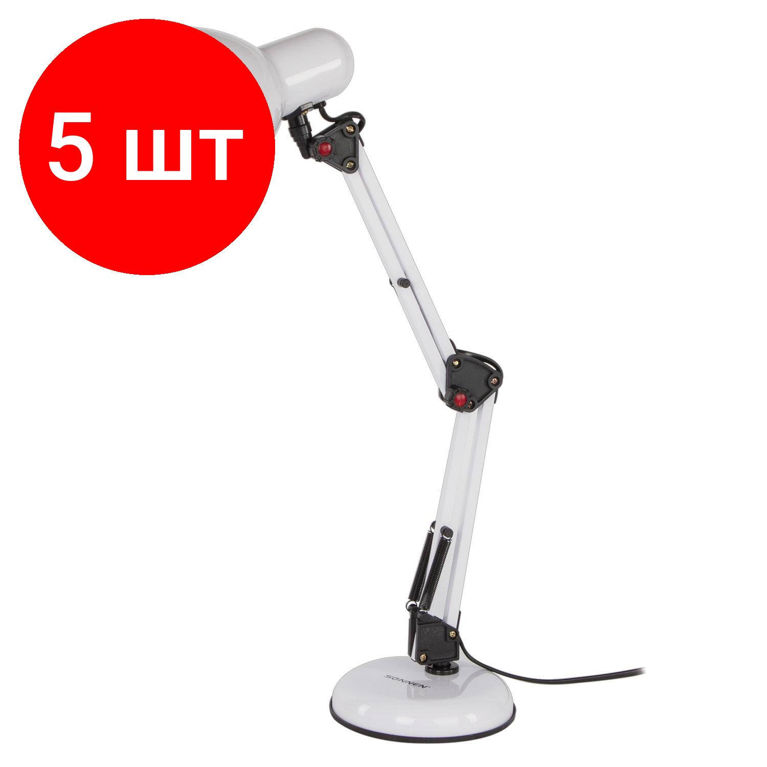 Комплект 5 шт, Светильник настольный SONNEN TL-007, на подставке + струбцина, 40 Вт, Е27, белый, высота 60 см, 235539