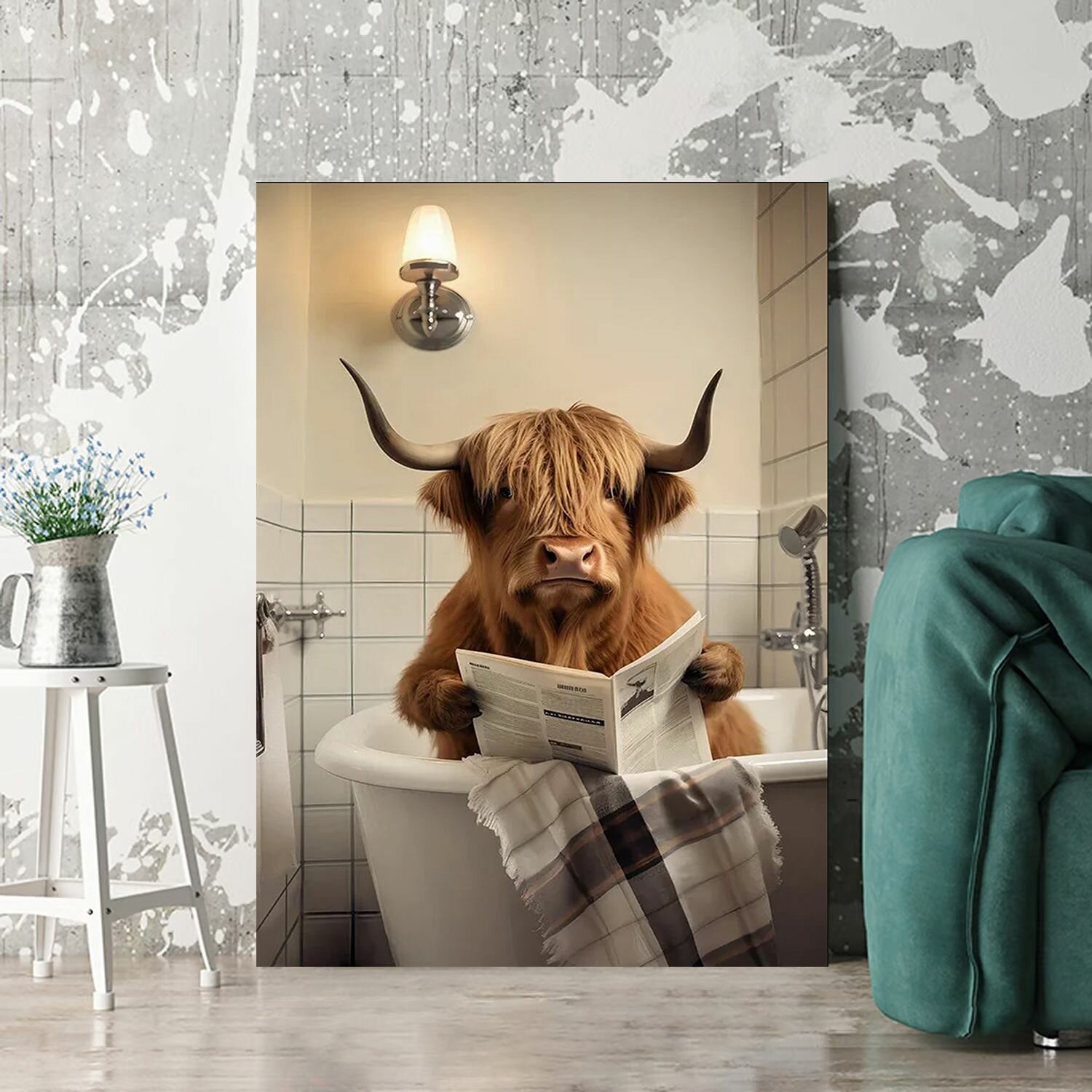 Картина в туалет, ванную комнату Бык читает газету, 20х30 см.