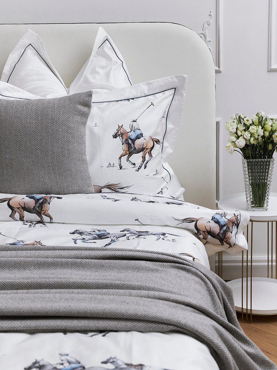 Постельное белье евро сатин, Lanima Home, Комплект, с принтом Лошади Поло с ушками
