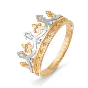 Кольцо широкое, комбинированное золото, 585 проба, родирование, фианит