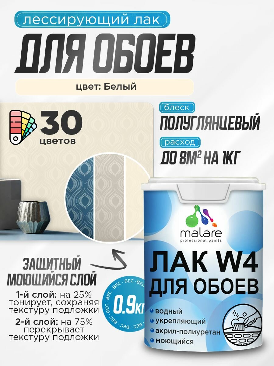 Лак колерованный тонирующий для защиты обоев Malare W4 универсальный для дерева и минеральных поверхностей, водный без запаха быстросохнущий, полуглянцевый, белый, 0.9 кг.