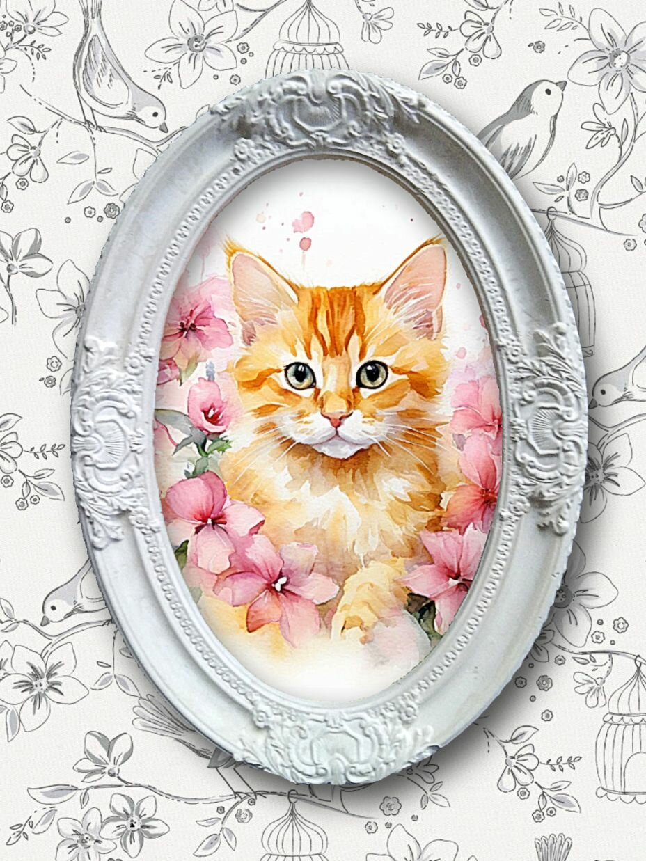 Картина "Рыжий котик". Принт в гипсовой раме ручной работы винтажная картина панно