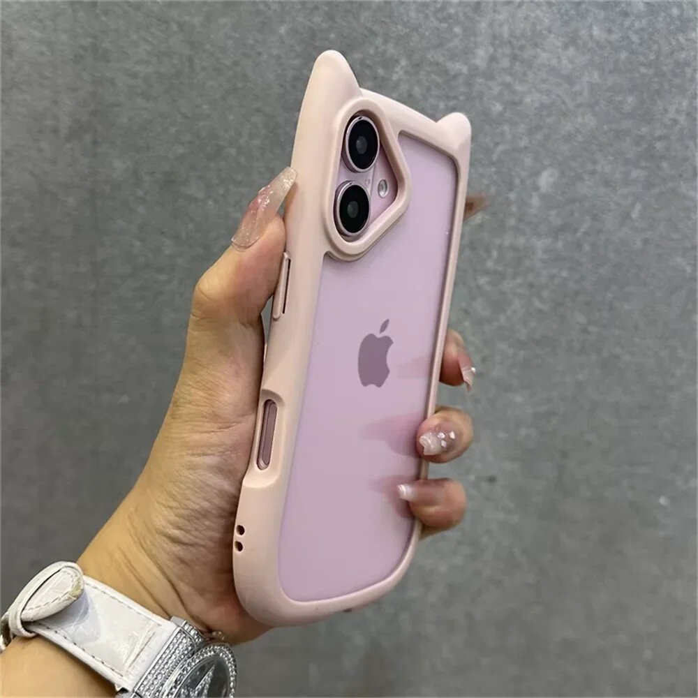 3D Cat Ear Cute Lanyard Transparent Case For iPhone 16 15 14 13 12 ProMax Plus 13 Pro 11 Wristband Clear Cartoon Cover Luxury