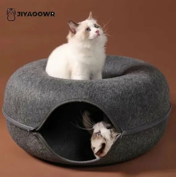 Туннель для кошачьей кровати, подвижный пончик из войлока вокруг кошачьего отверстия，Серый.