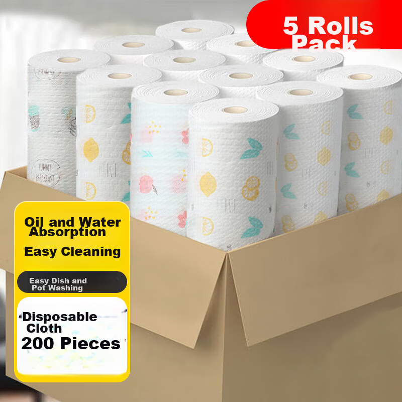 HOUYA Lazy Cleaning Cloth, 5 Rolls, 200 Sheets, Kitchen Paper Towels, Disposable Wipes, Dishwashing Cloths, Oil-Absorbing Paper, Dual-Use for Dry And Wet Cleaning