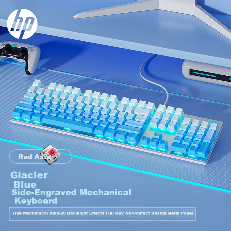 HP Mechanical Keyboard for Office E-sports Gaming Wired Desktop Laptop Side Engraved Gradient Glacier Blue Red Axis