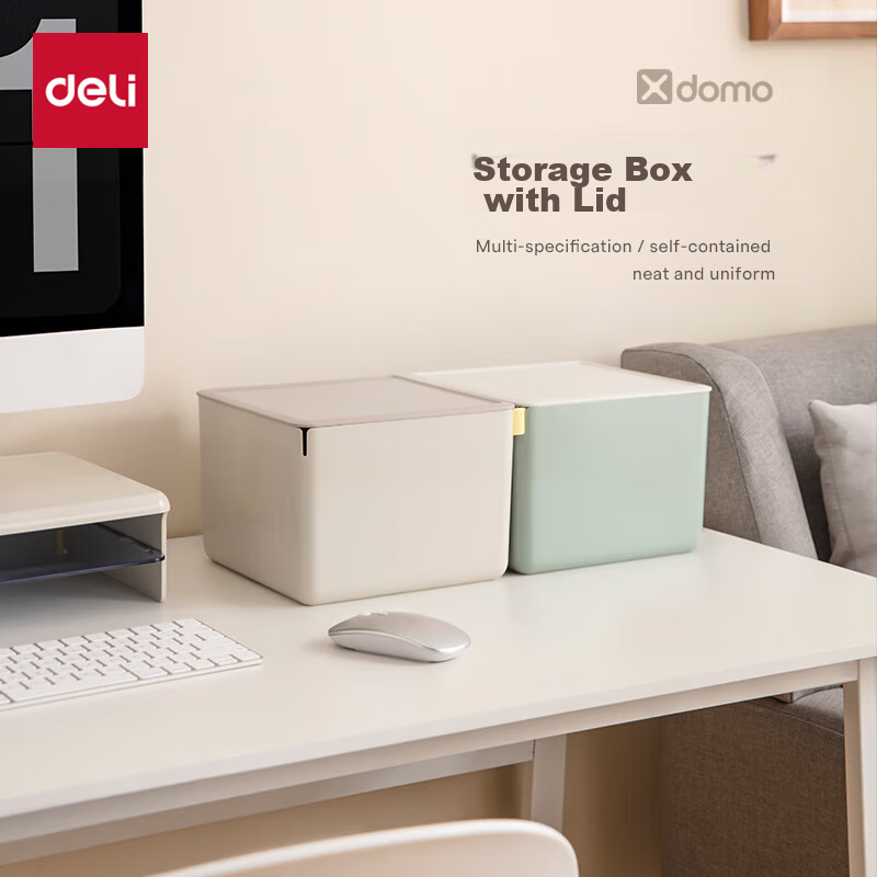 Deli Xdomo Series Storage Box with Lid, Office And Makeup Organizer with Silicone Clasp, Light Gray Tall Square XDM13