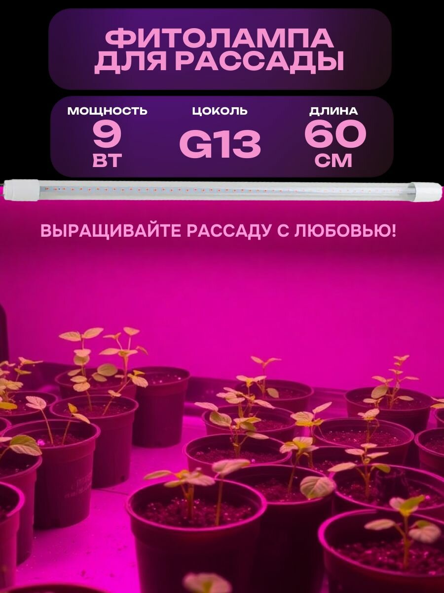 Фитолампа светодиодная для растений, G13, 9 В, 220 Вт, 296 Лм, красно-синий спектр розовый свет: предназначена для выращивания рассады в условиях ограниченного солнечного света