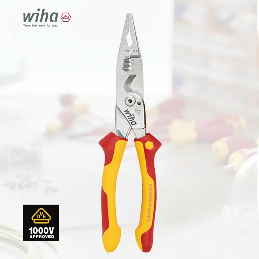 Плоскогубцы Wiha 45489, 8 в 1, для электромонтажа, желтая и красная ручка