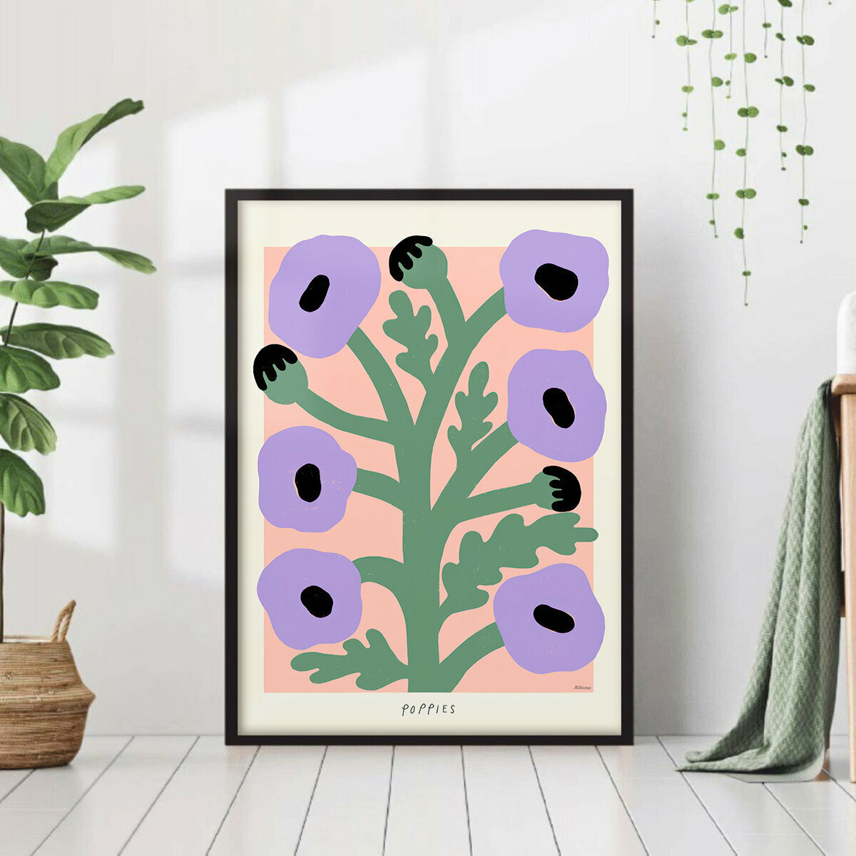 Постер "Фиолетовые цветы современная абстракция" 40x50 в черной рамке для интерьера на стену