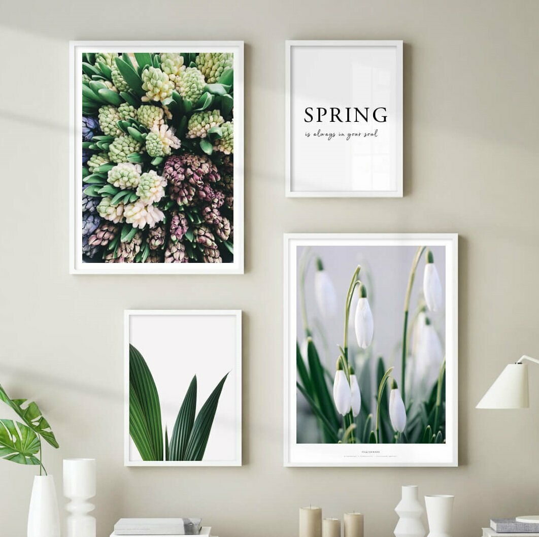 Постер 4 шт без рамки "Подснежники и Весна" набор картин для интерьера