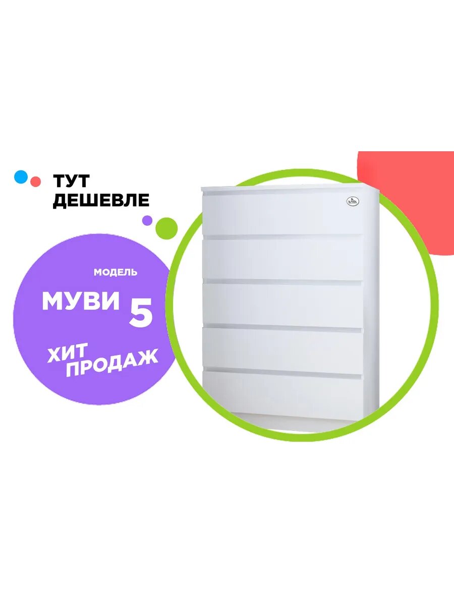 Комод "Муви", для одежды, 5 ящиков, шариковые направляющие, ЛДСП, белый — фото 1