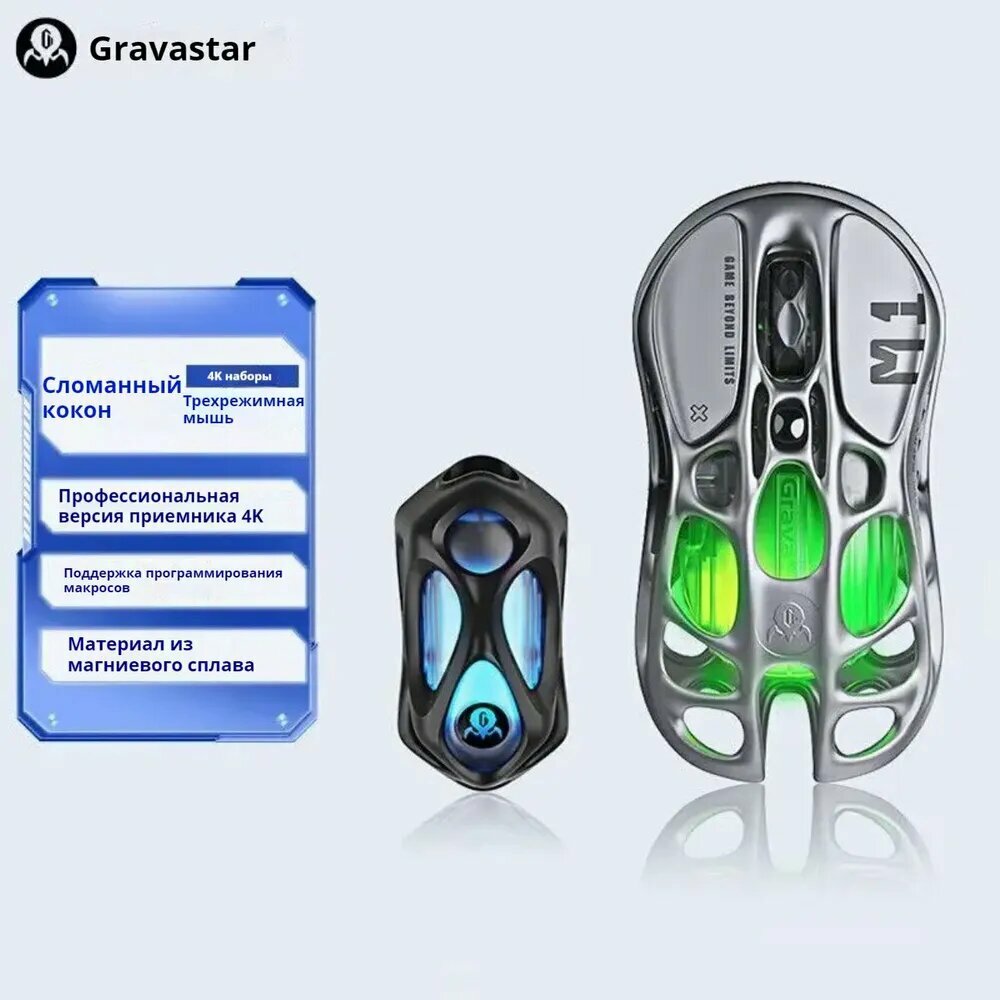 Gravastar Игровая мышь беспроводная Игровая мышь GravaStar Mercury M1 Pro (Star Silver) с поддержкой возврата 4K, серый