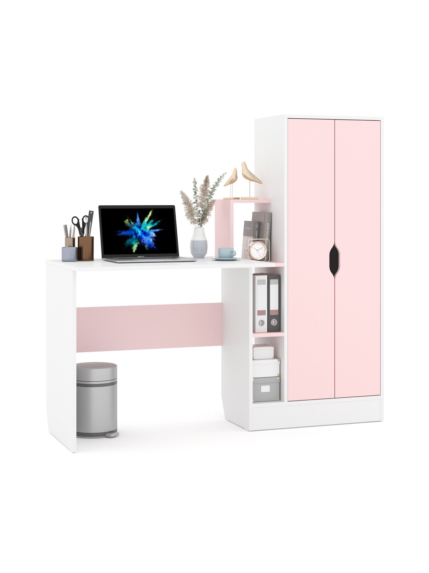 Есэндвич Лаворо 6 Компьютерный стол со шкафом 150х140х60 см левый (Белый/Розовый кварц)