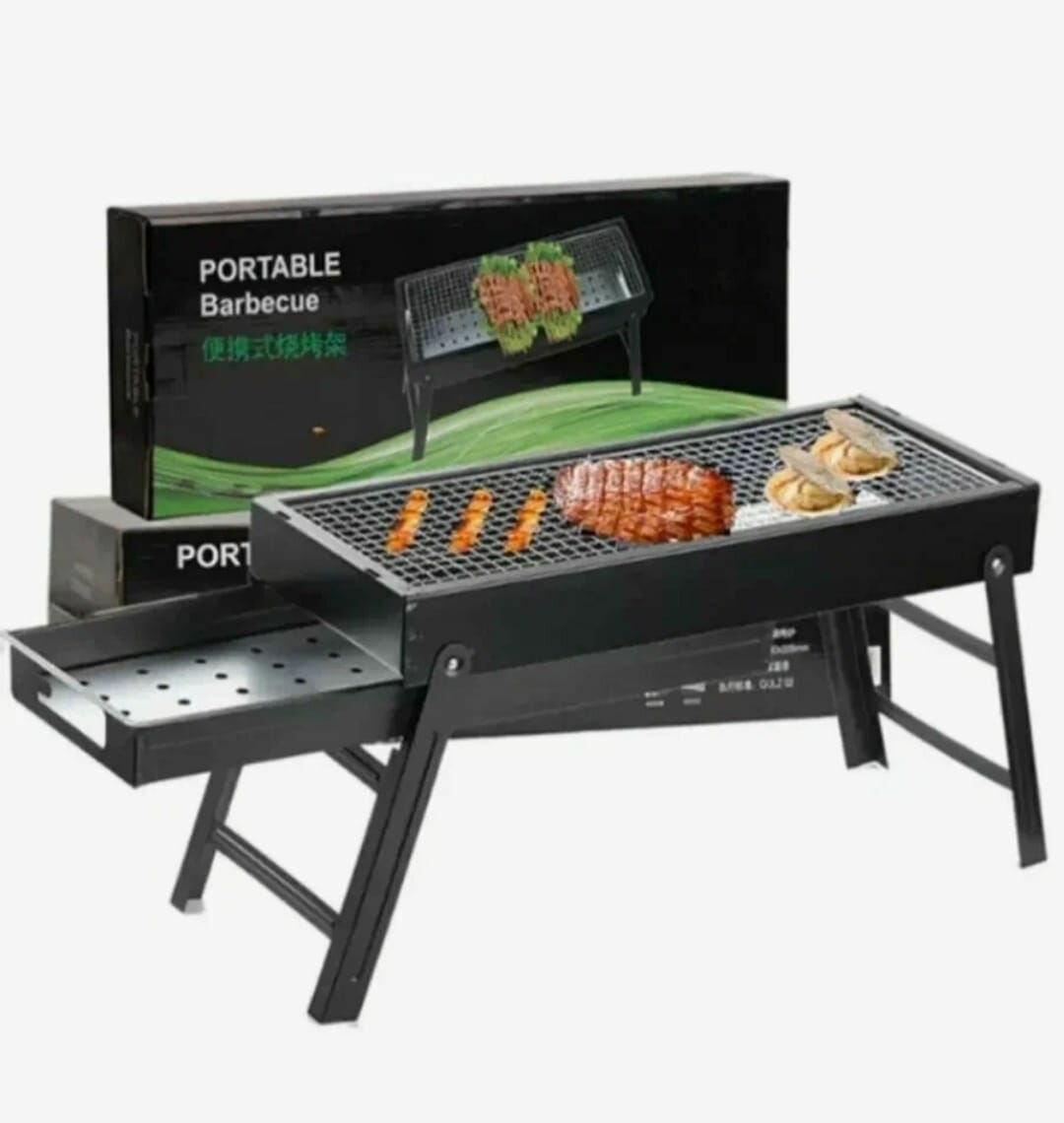 Мангал складной с решеткой для барбекю, защита от ветра, черный