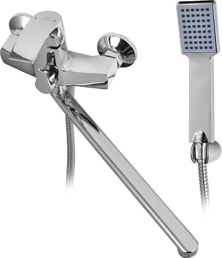 Смеситель с длинным изливом для ванны Wisent WP22225 с душевым гарнитуром, поворотный, металлический, хром, глянцевый, смеситель для ванны с душем, рычажный, с настенным держателем