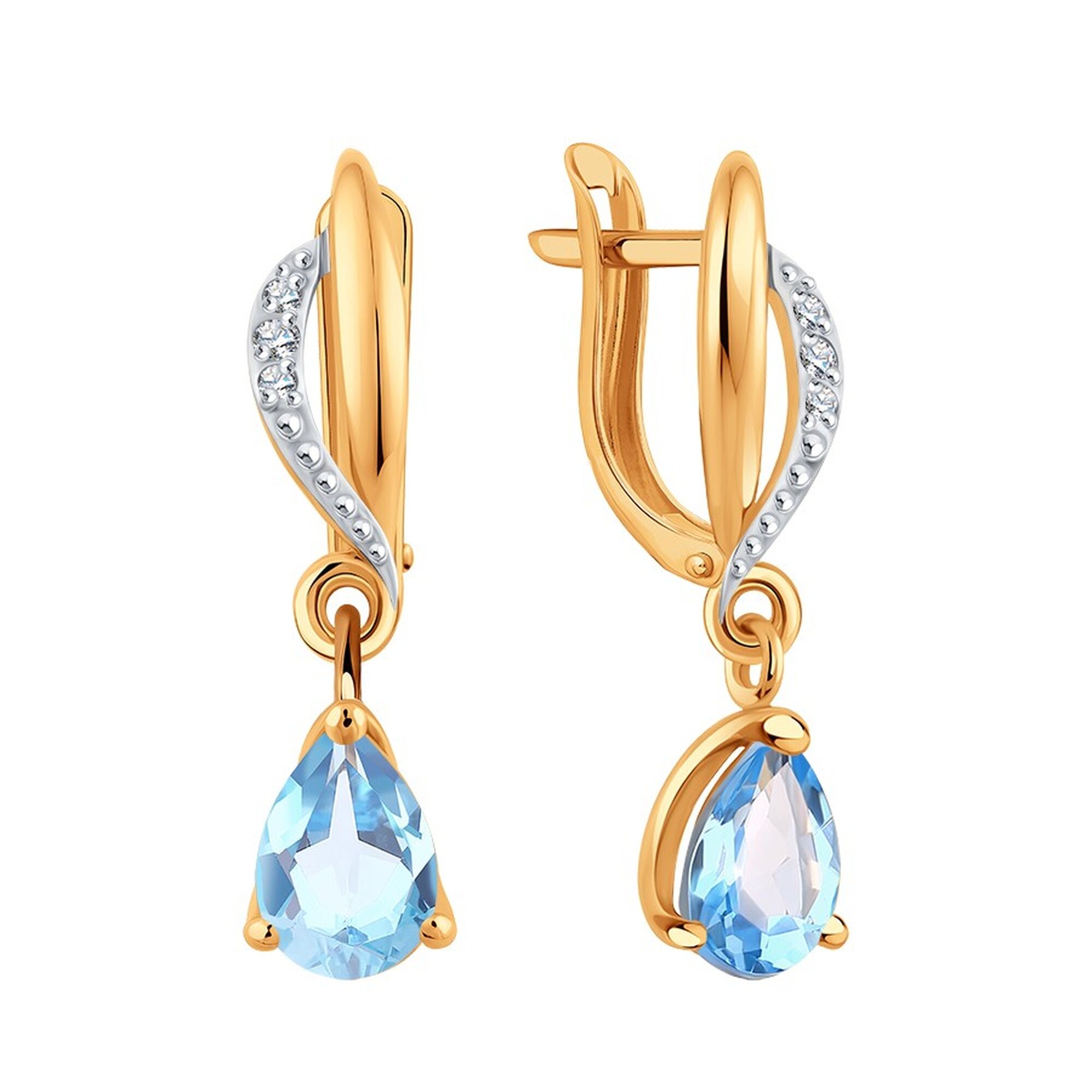 Серьги, красное золото, 585 проба, топаз, фианит