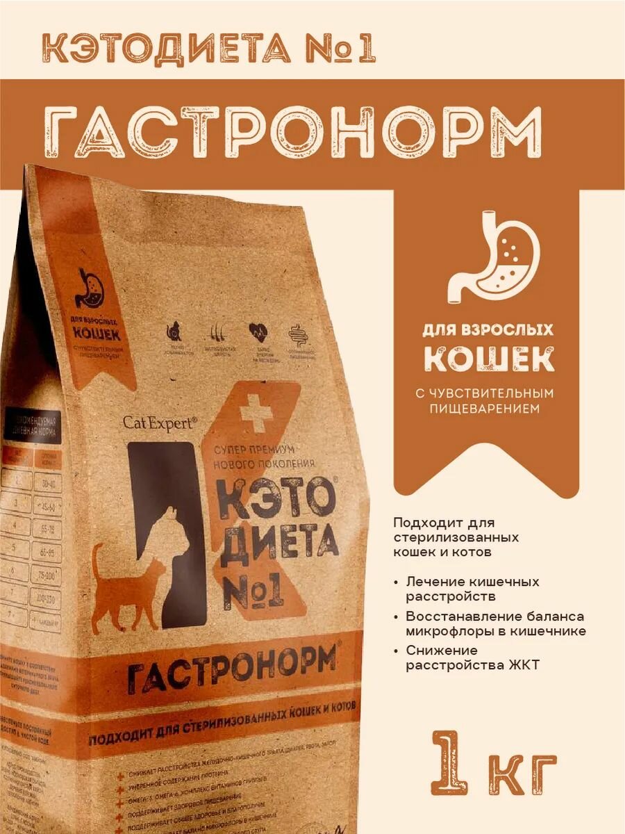 Ветеринарная диета для кошек с чувствительным пищеварением, КэтоДиета "ГастроНорм", 1кг