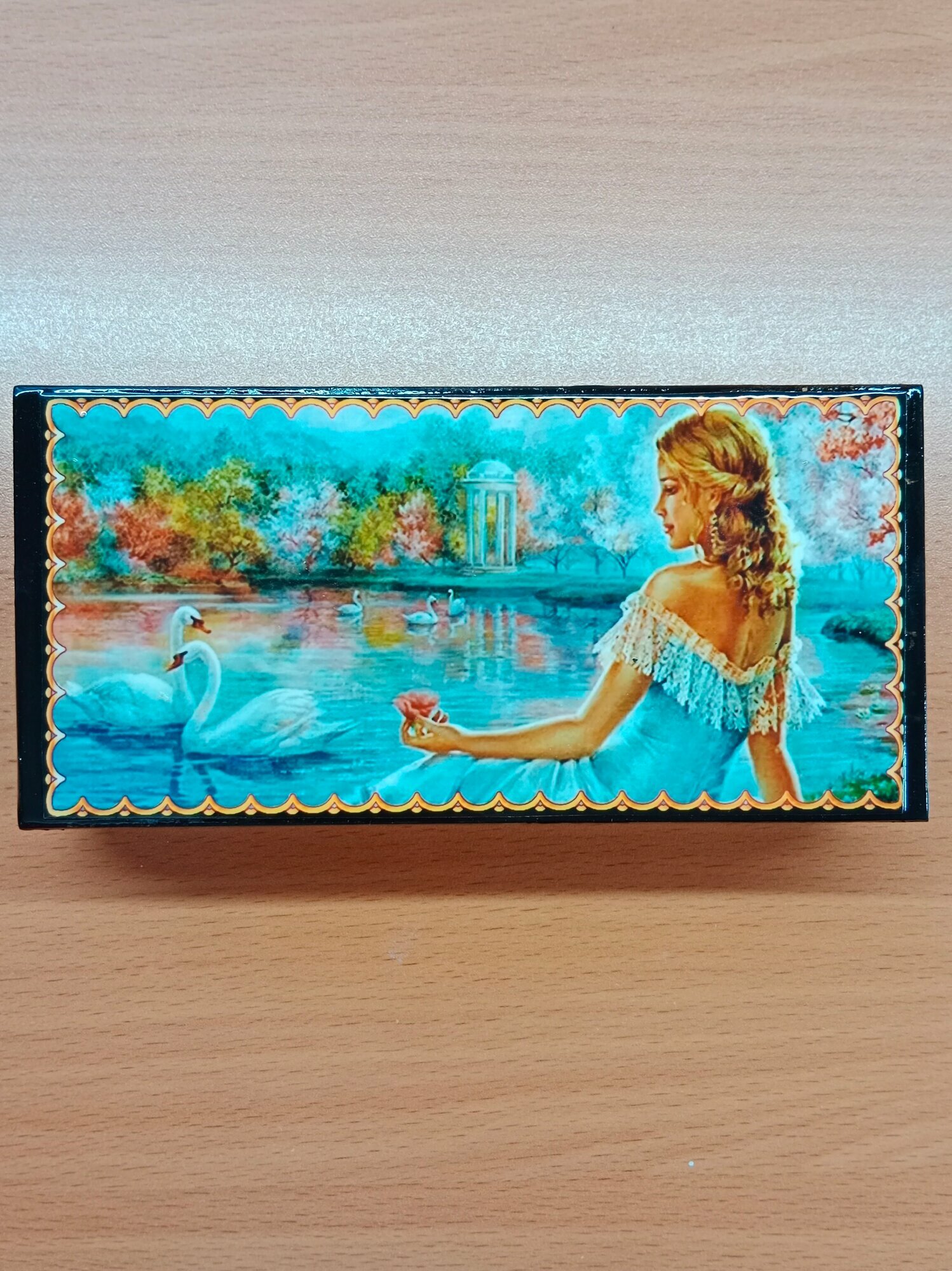 Шкатулка купюрница универсальная " Пруд" 17*8,5*3,5см, лаковая миниатюра