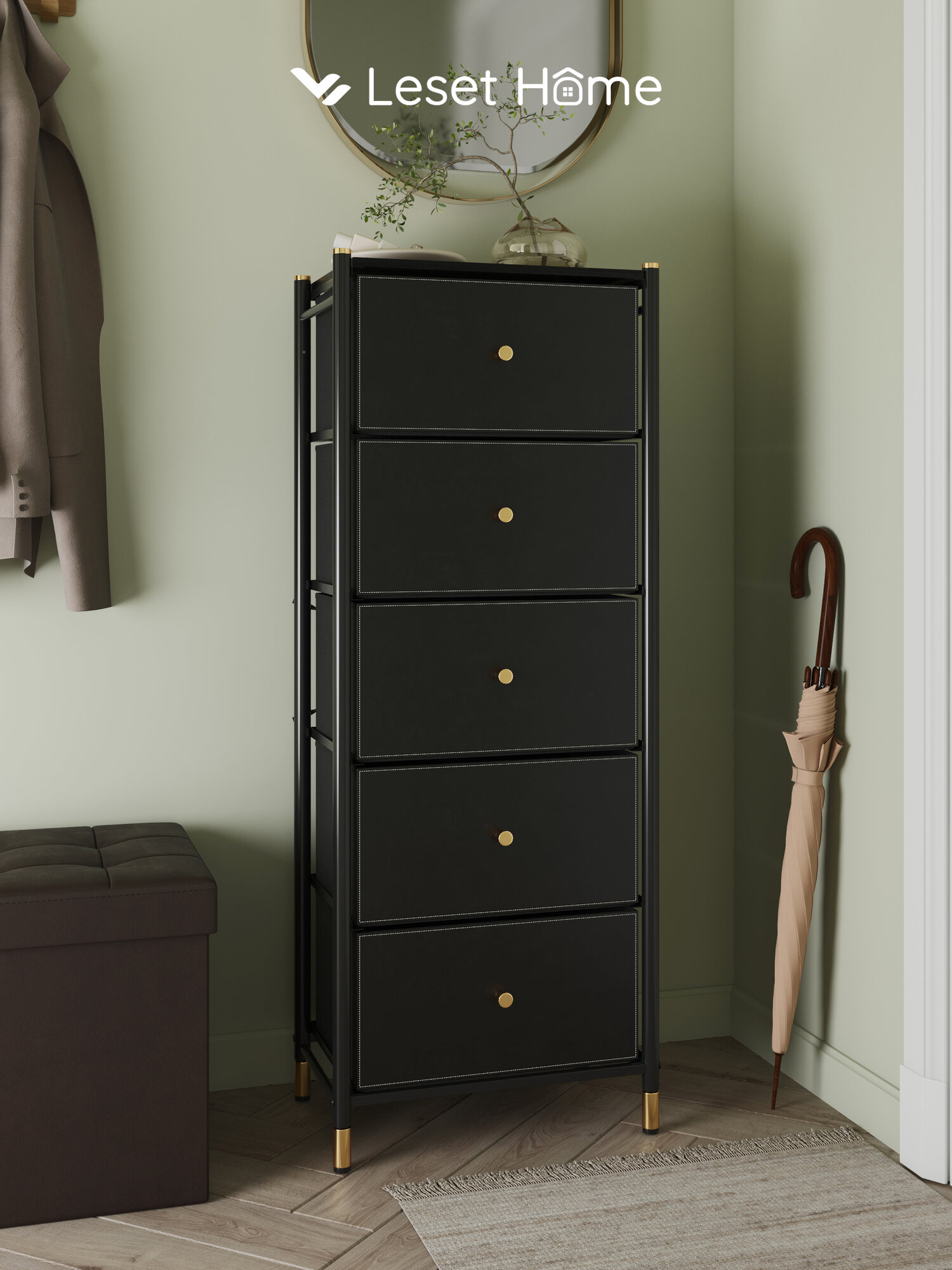 Комод в прихожую Leset Нирита, 5 ящиков, комод в гостиную, ванную каркас металлический Чёрный, фасад экокожа