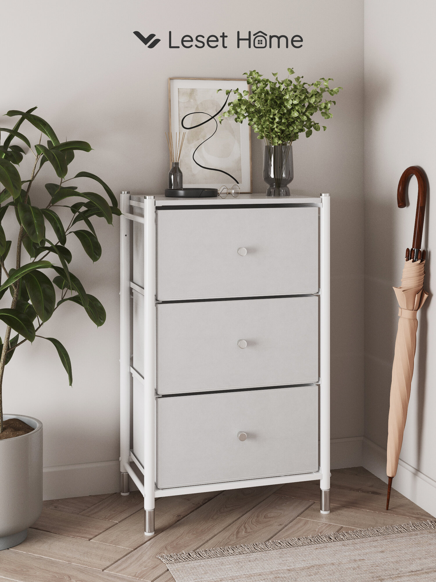 Комод Leset Нирита, в спальню 3 ящика, каркас металлический Белый, фасад экокожа