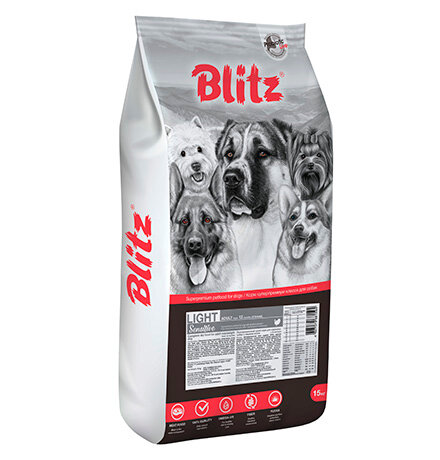 Сухой корм Блиц для взрослых собак всех пород с лишним весом Низкокалорийный Индейка 15 кг
