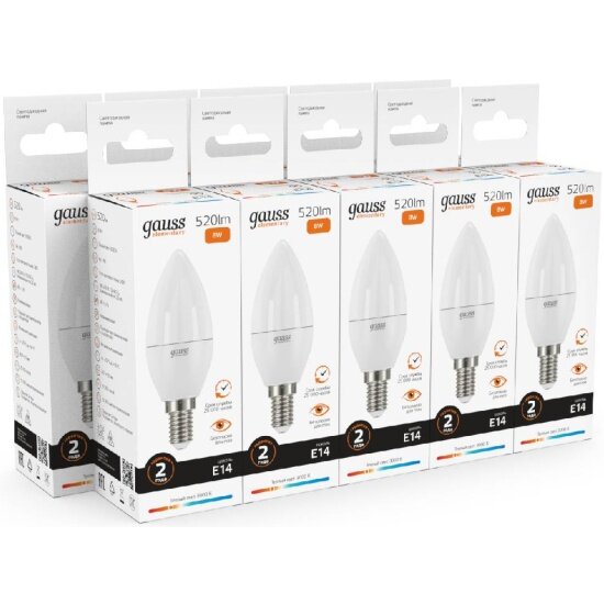 Светодиодная лампа Gauss LED Elementary Candle 8W E14 3000K (упаковка 10 шт)