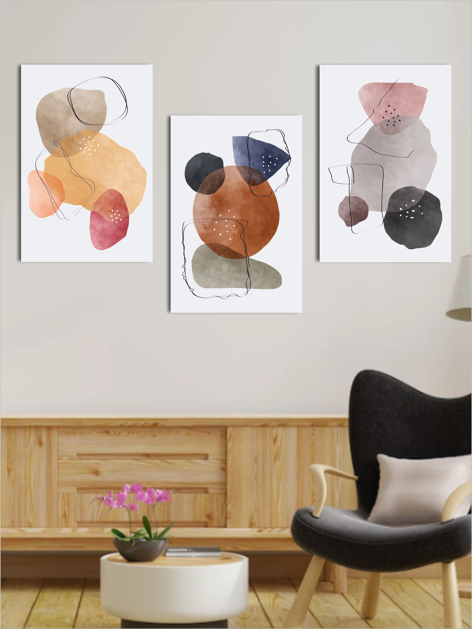 Модульная картина для интерьера на стену минимализм. Абстрактные пятна акварельный эффект 40х60 см - 3 штуки на холсте на подрамнике