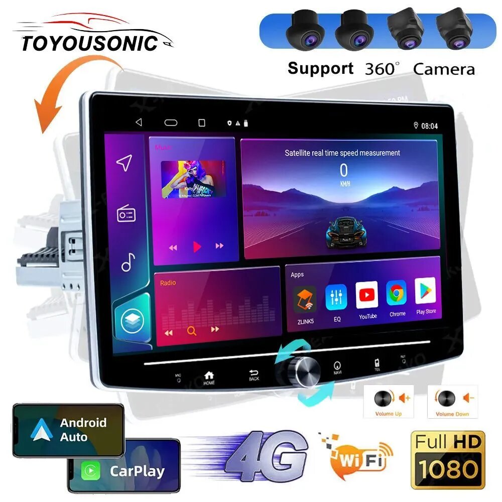 Автомагнитола TOYOUSONIC 10.1 дюймов 1 DIN 6ГБ/128ГБ с поддержкой 360° камеры