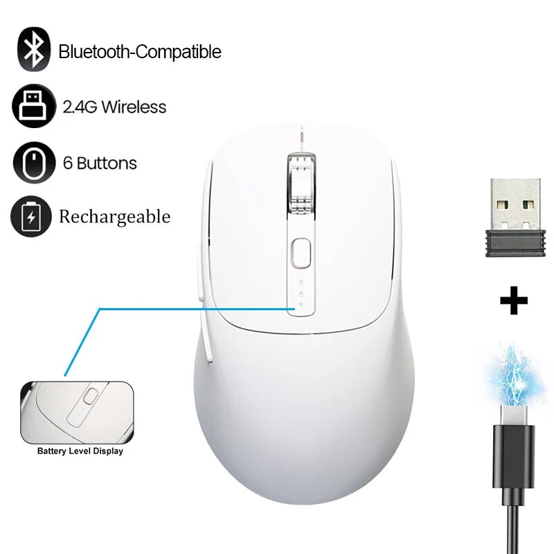 Беспроводная мышь Bluetooth White, 6 кнопок, 2.4G, Rechargeable