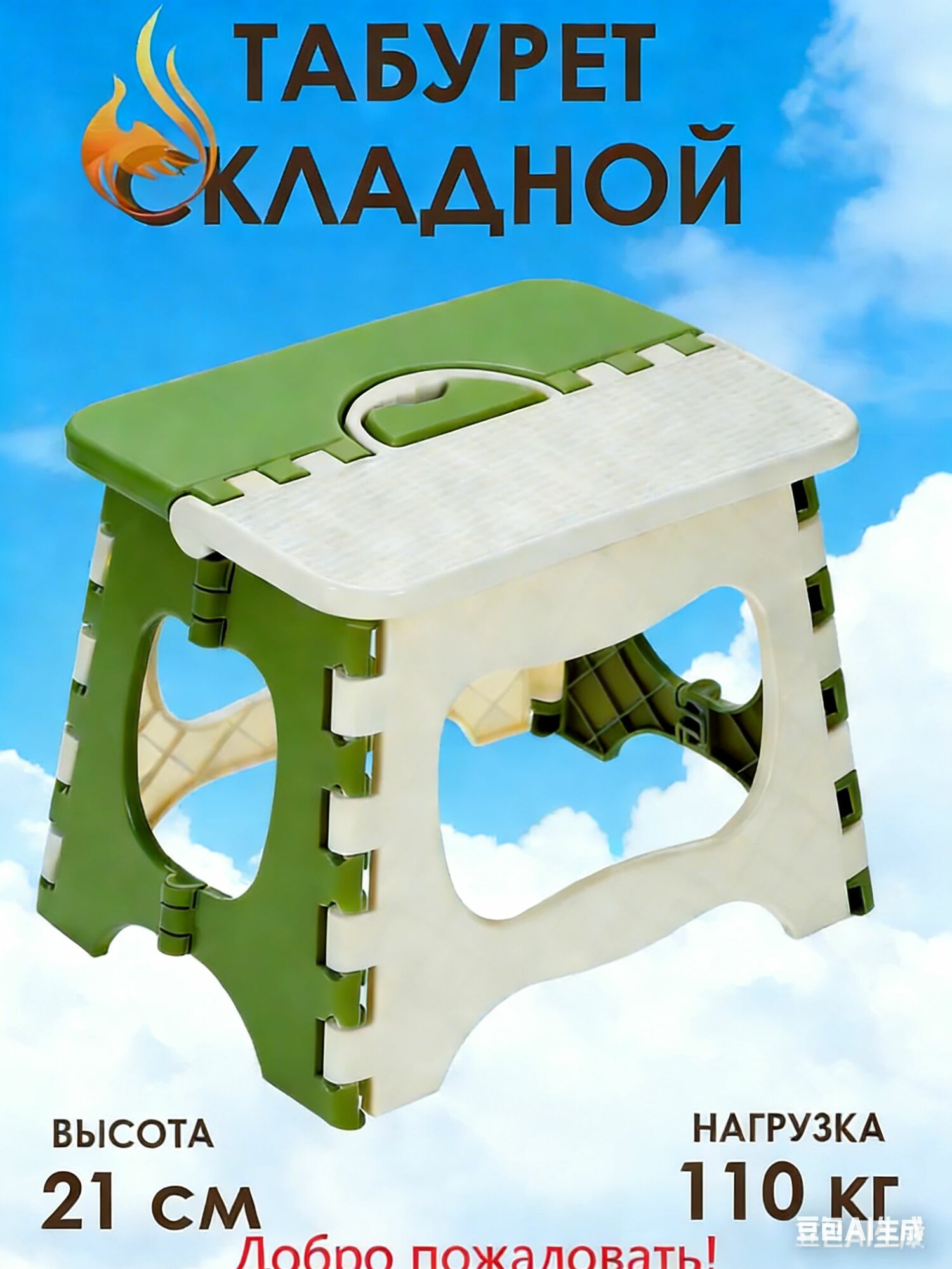 Табурет складной пластиковый, стул складной мультистул малый 21 см, цвет светло-бежевый