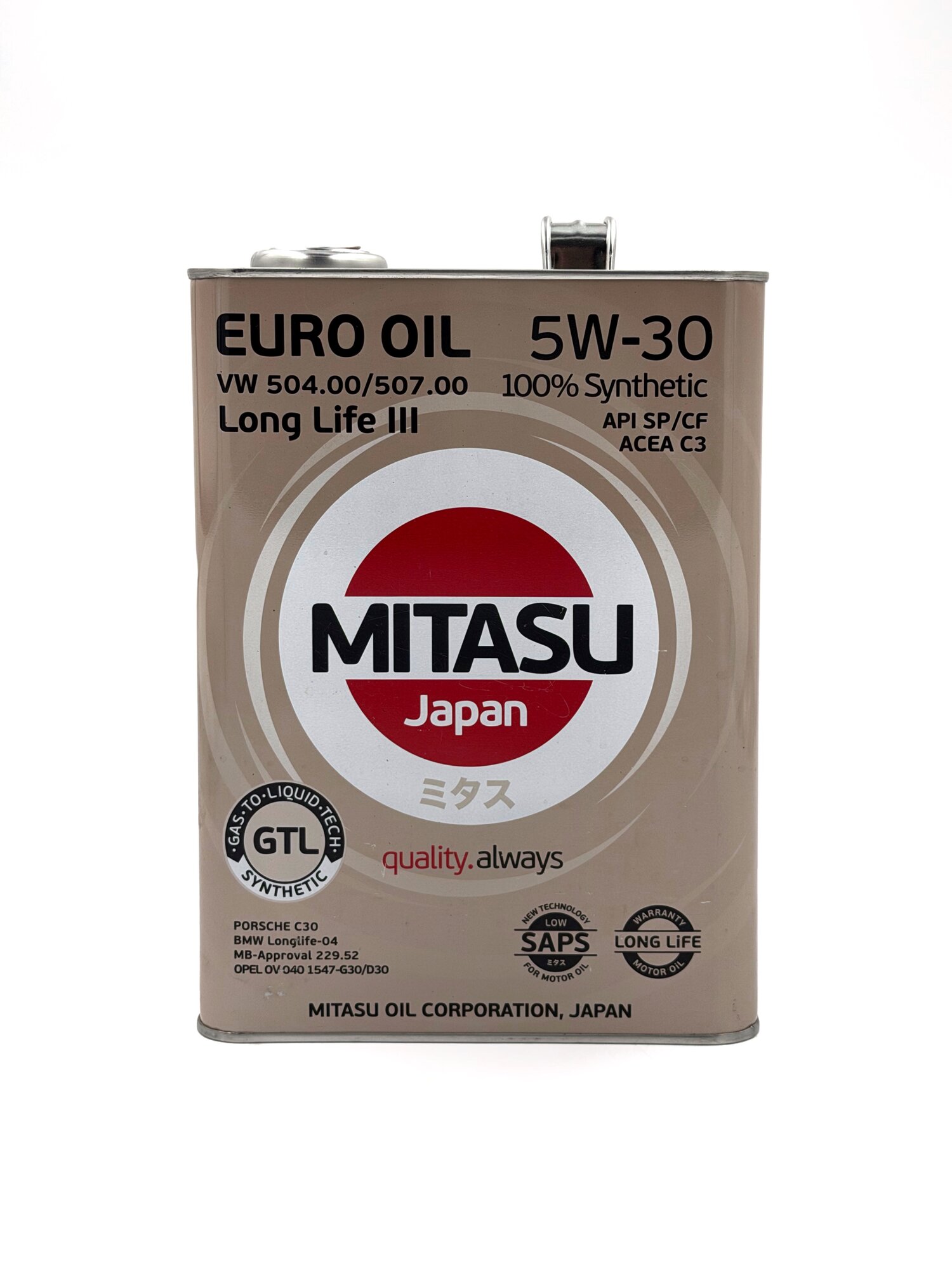 Масло моторное MITASU EURO PAO LL III OIL 5W-30, 4 литра, для авто