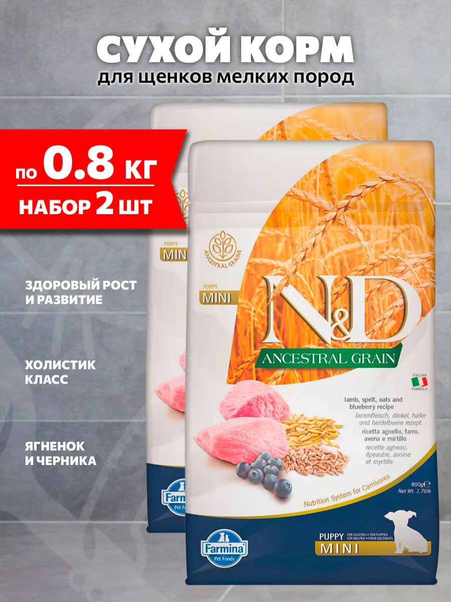 Корм сухой Farmina Dog N&D Ancestral Grain Puppy Mini Lamb & Blueberry низкозерновой для щенков мелких пород, ягненок, черника, 0,8 кг 2 шт
