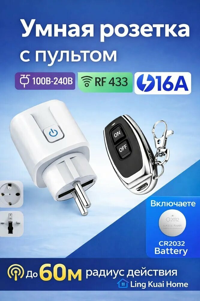 Беспроводная розетка с пультом ДУ RF 433 МГц / Дистанционный выключатель питания без Wi-Fi / Управление техникой на расстоянии