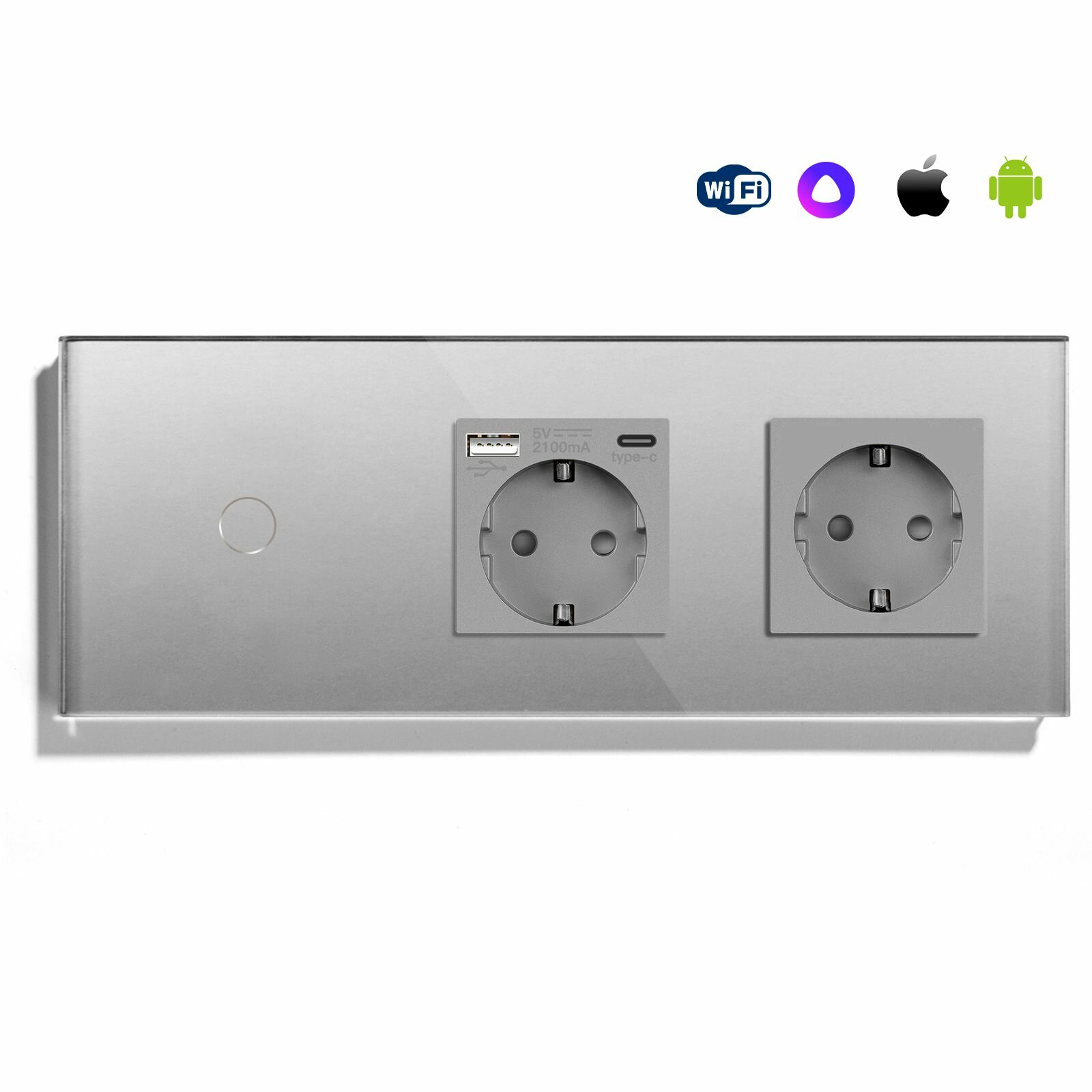 Сенсорный выключатель одноклавишный с двойной розеткой MVAVA Wi-Fi, умный, с Алисой, для умного дома, с USB Type-C, с подсветкой, стекло, с заземлением, серый