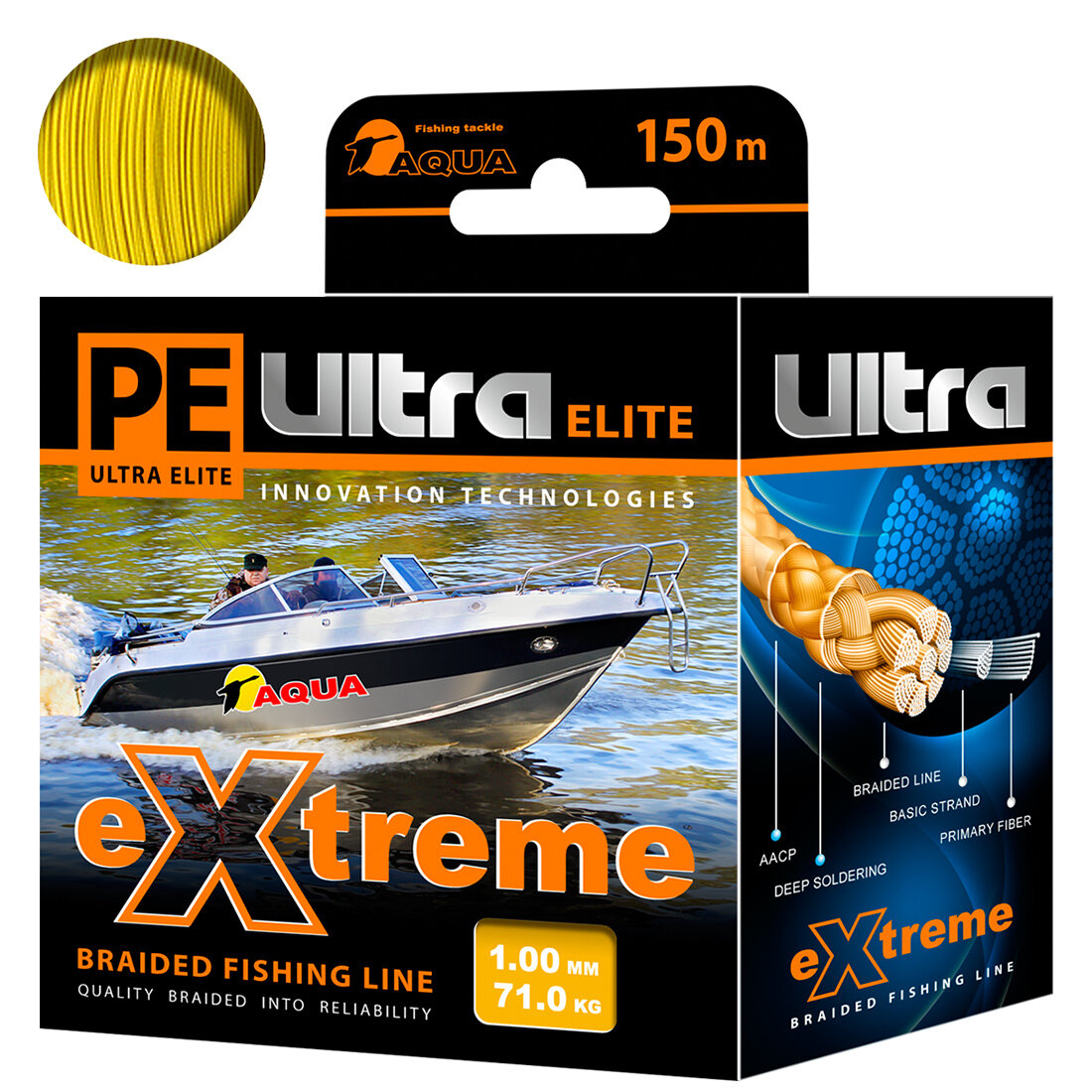 Плетеный шнур для рыбалки AQUA PE ULTRA EXTREME 1,00mm (цвет желтый) 150m