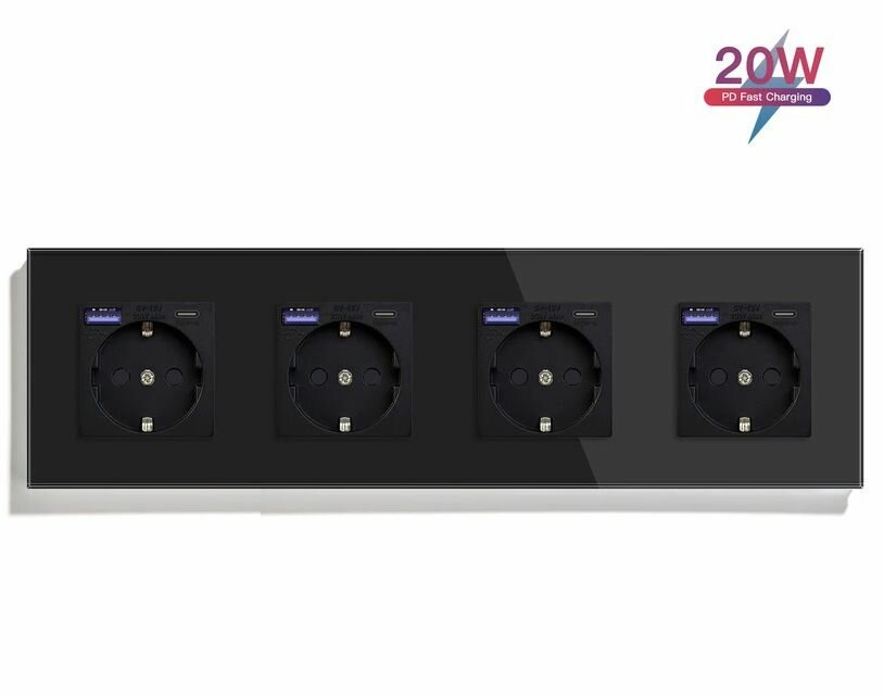 Розетка электрическая 4 поста с Usb/Type-C АC, быстрая зарядка 20W, цвет черный